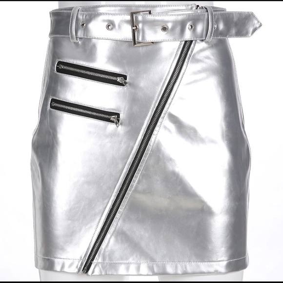 Aura | Skirts | Space Silver Pleather Mini Skirt Punk Rave | Poshmark